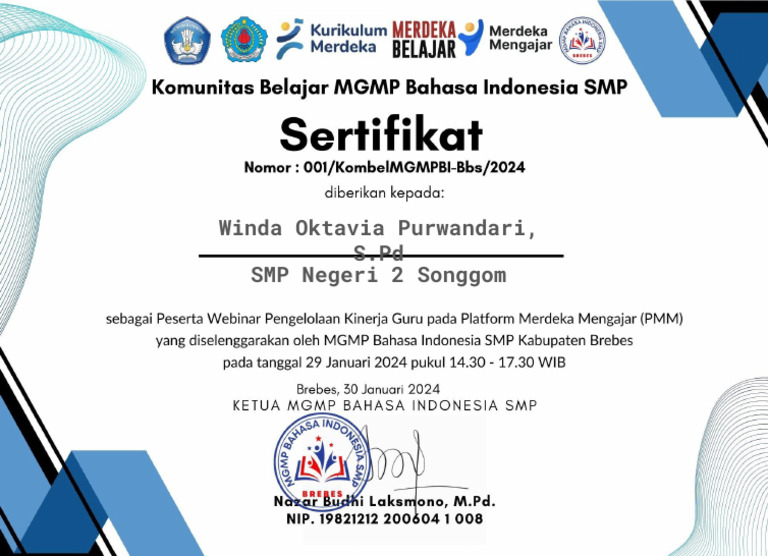 E-Sertifikat Webinar MGMP BI | PDF