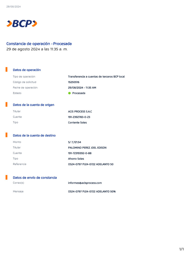 29-08 Palomino Joel - Adelanto 50% Os24-0797 Pj24-0722 | PDF