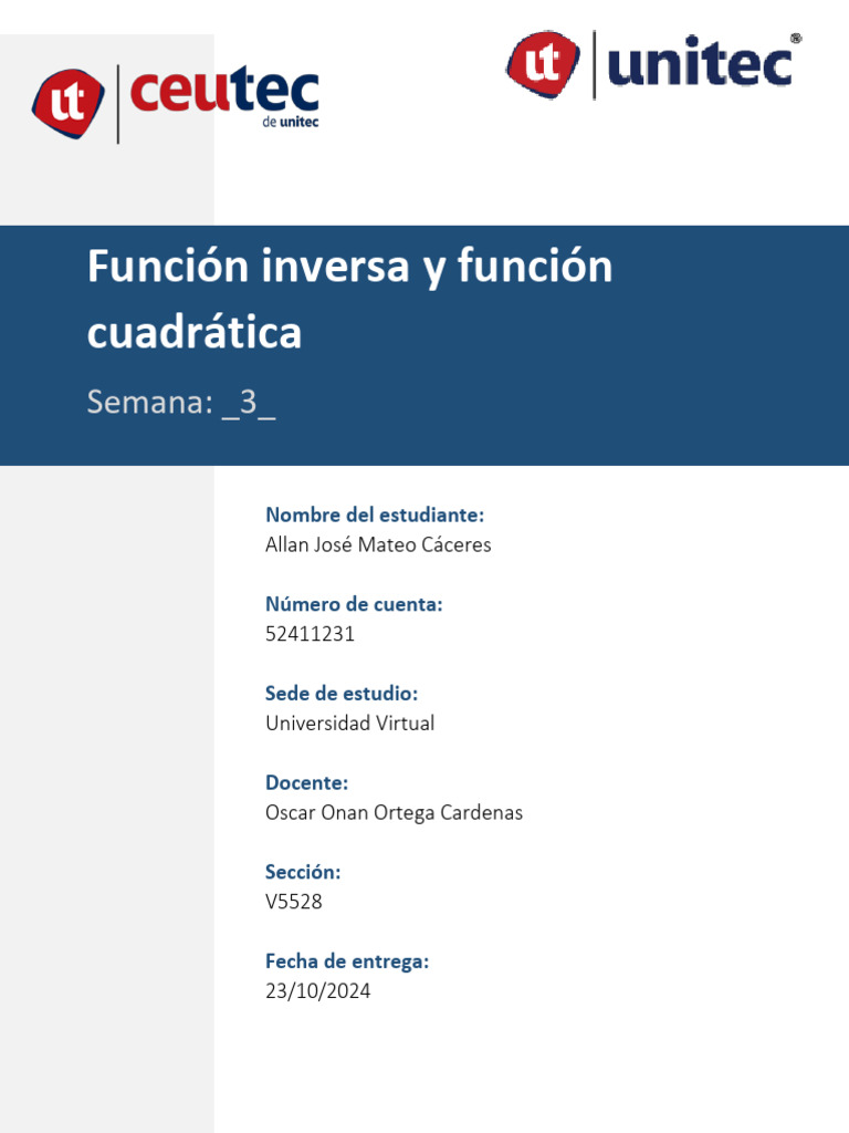 Ejercicios para Tarea 3.1 Función Inversa y Función Cuadrática DUV | PDF