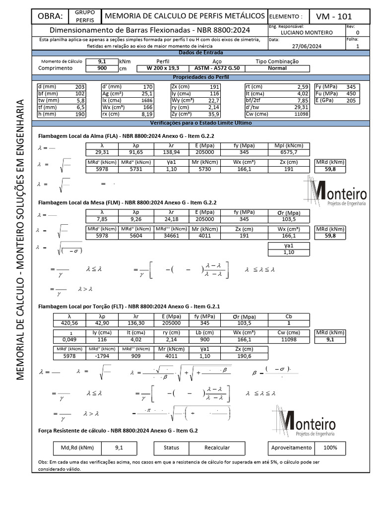 Dimensionamento À Flexão-MONTEIRO-MEMORIAL-V101-W200X19-3-2024-R000 ...