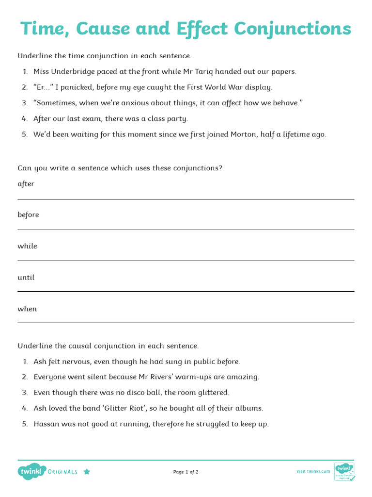 Time, Cause and Effect Conjunctions Differentiated Worksheet | PDF | Poetry