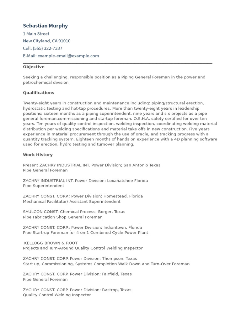 Piping General Foreman Resume | PDF | Engineering | Mechanical Engineering