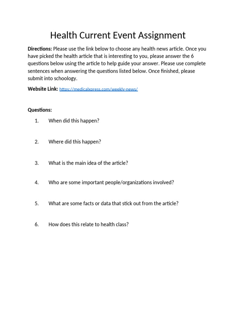 Health Current Event Assignment: Directions | PDF