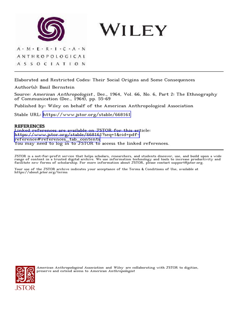 Basil Bernstein 1964 Elaborated and Restricted Codes | PDF ...