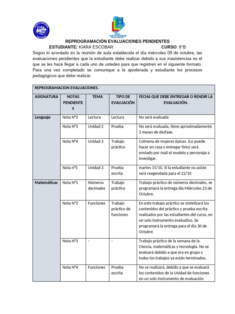Reprogramación Evaluaciones 8°B | PDF