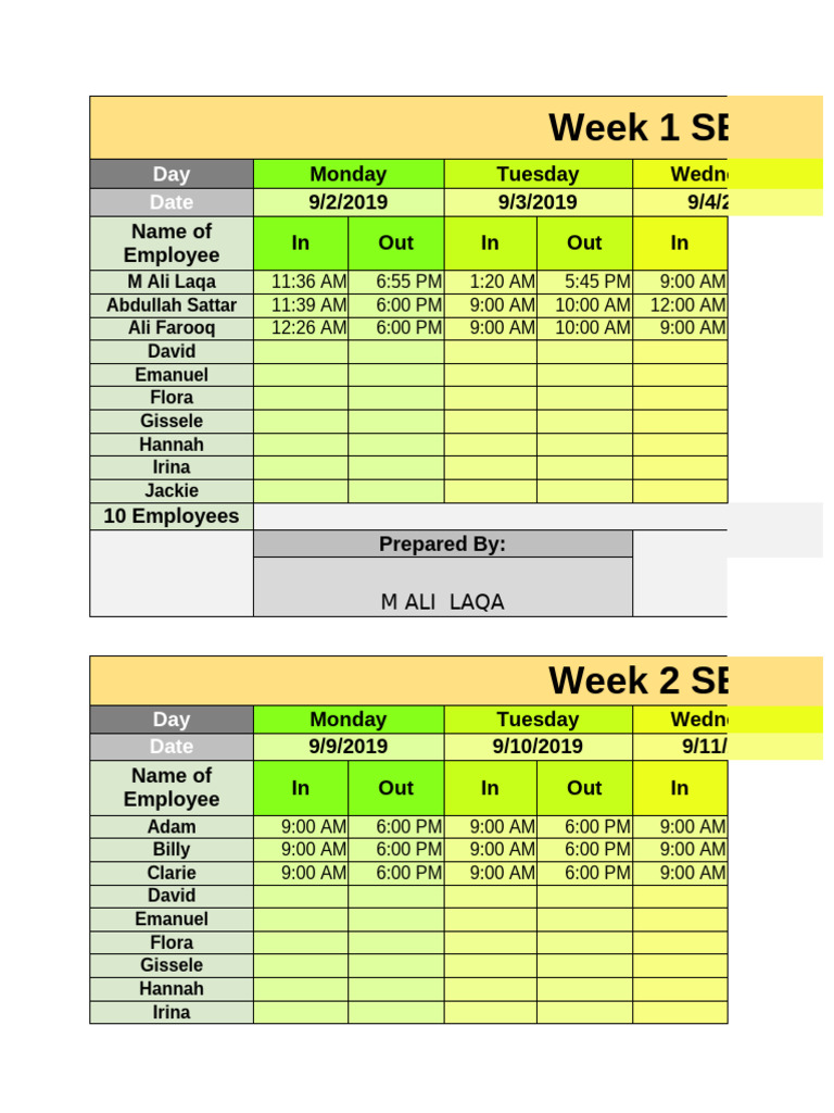 Multiple Employees Weekly Timesheet | PDF | Career & Growth | Cooking, Food & Wine