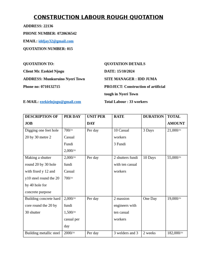 Construction Labour Rough Quotation | PDF