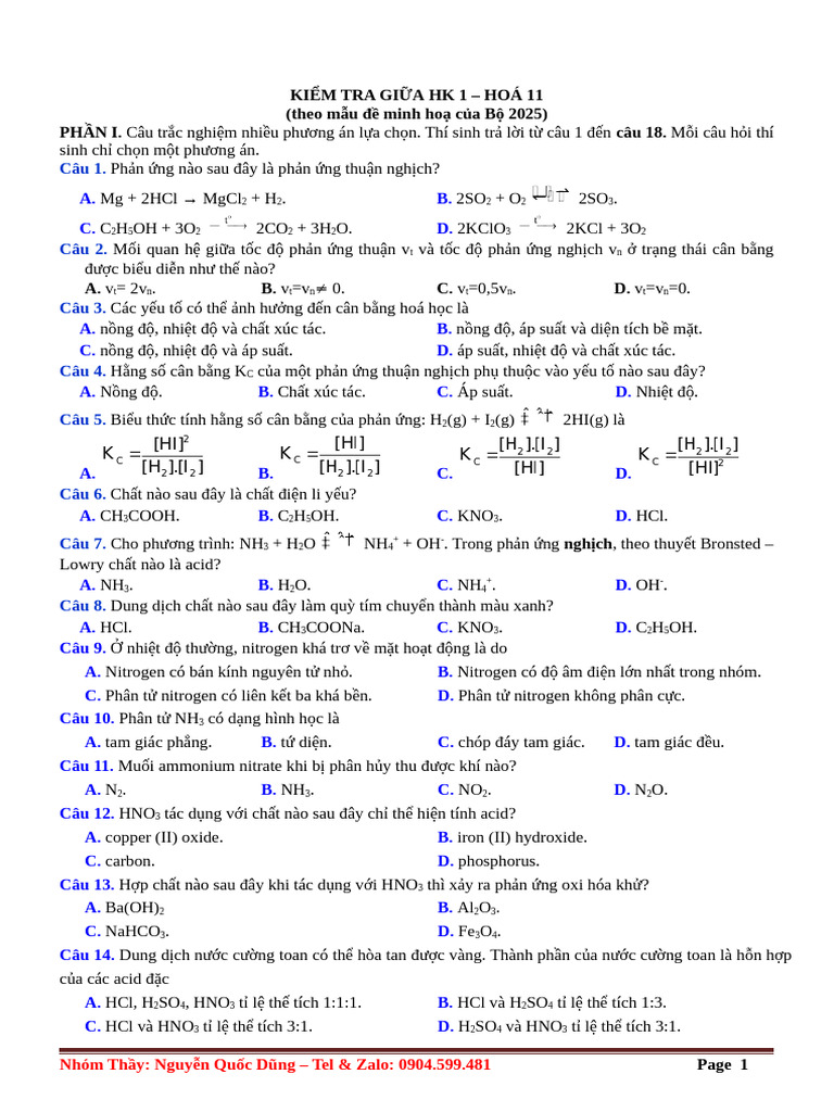 41. GK1. Hóa 11. - Mẫu MH 2025 | PDF