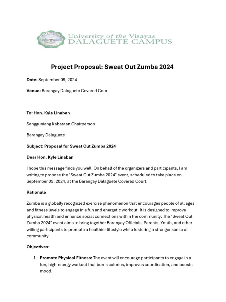 Project Proposal Sweat Out Zumba 2024 | PDF | Physical Fitness