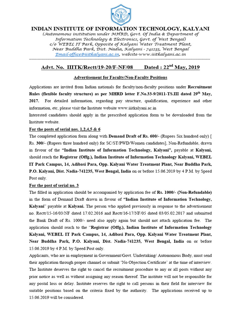 01 Advertisement Faculty IIIT Kalyani 2019 | PDF | Doctor Of Philosophy