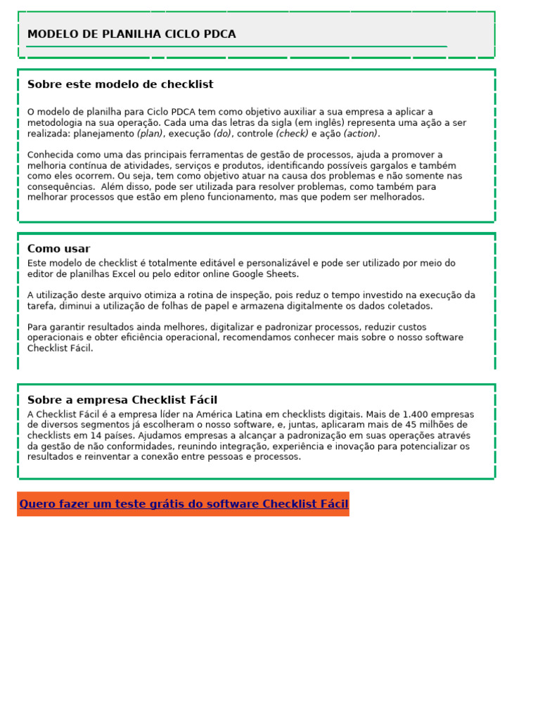 PT MR Checklist Ciclo Pdca | PDF | Informática