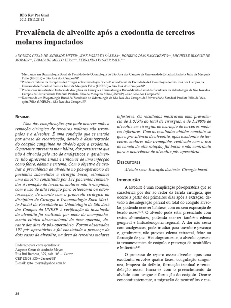 PrevalÃ Ncia de Alveolite Apã S A Exodontia de Terceiros Molares ...