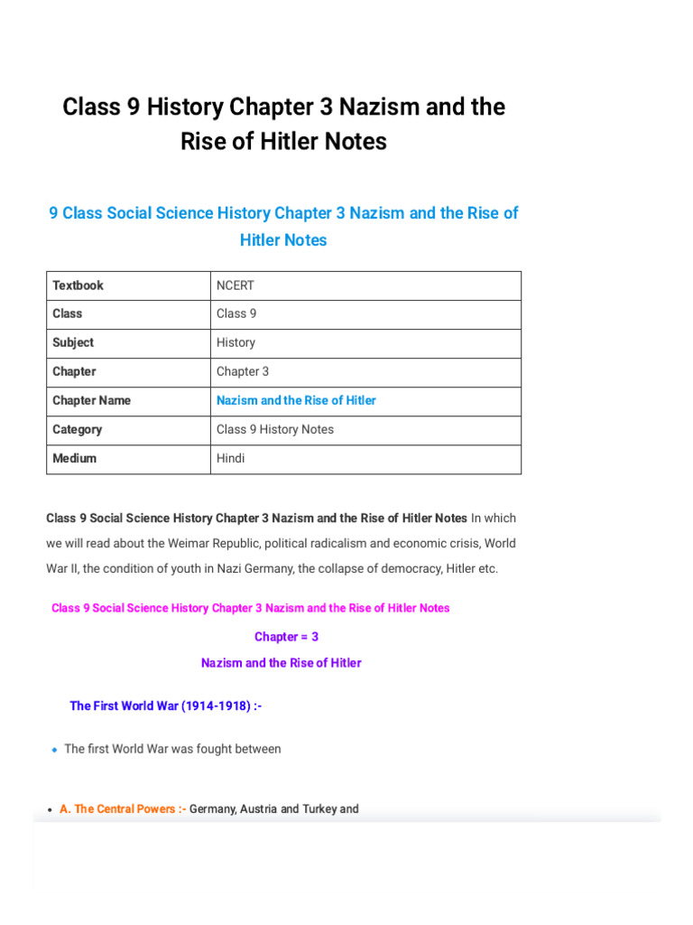 Class 9 History Chapter 3 Nazism and The Rise of Hitler Notes | PDF ...