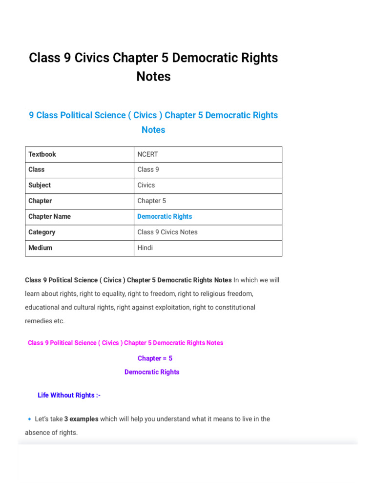 Class 9 Civics Chapter 5 Democratic Rights Notes | PDF | Justice ...