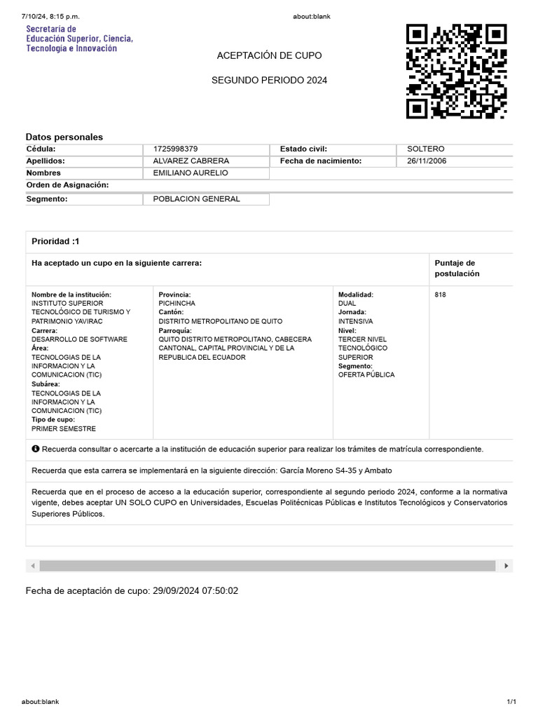 Aceptacion de Cupo | PDF