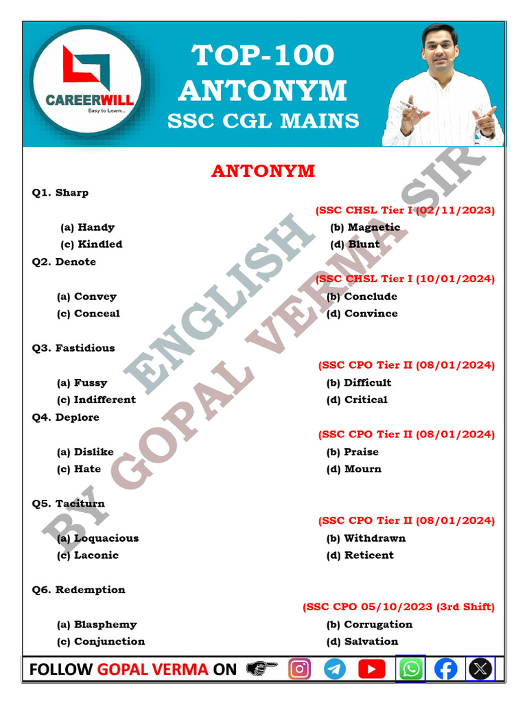 TOP-100 ANTONYM Student Copy PART - 1 by Gopal Verma Sir | PDF ...