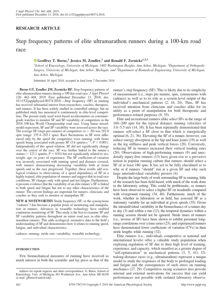 Step Frequency Patterns of Elite Ultramarathon Runners During A 100-km Road Race | PDF | Running ...