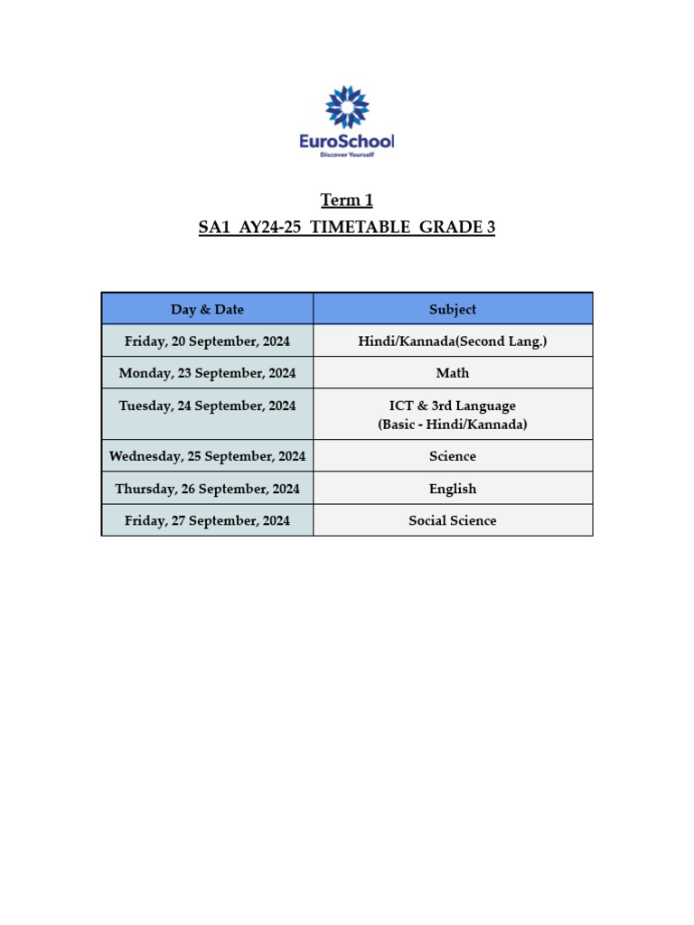 Grade 3 TIMETABLE FOR SA 1 (2) - 1562995994218467330.SD - PDF | PDF