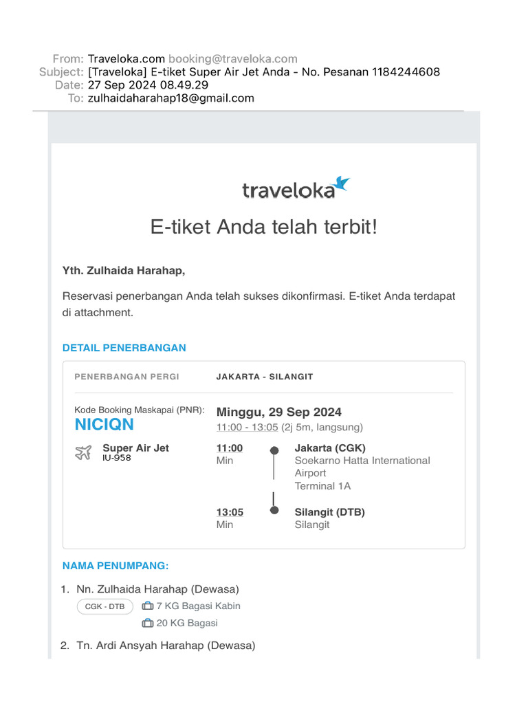 (Traveloka) E-Tiket Super Air Jet Anda - No. Pesanan 1184244608 | PDF
