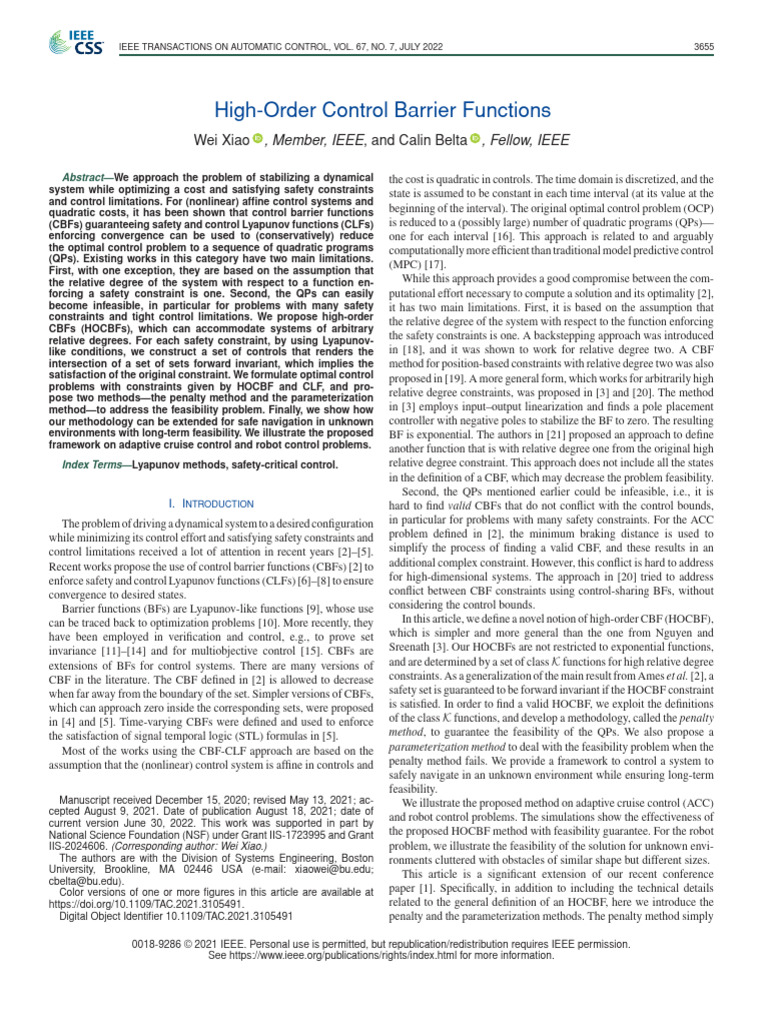 High-Order Control Barrier Functions | PDF | Function (Mathematics) | Optimal Control