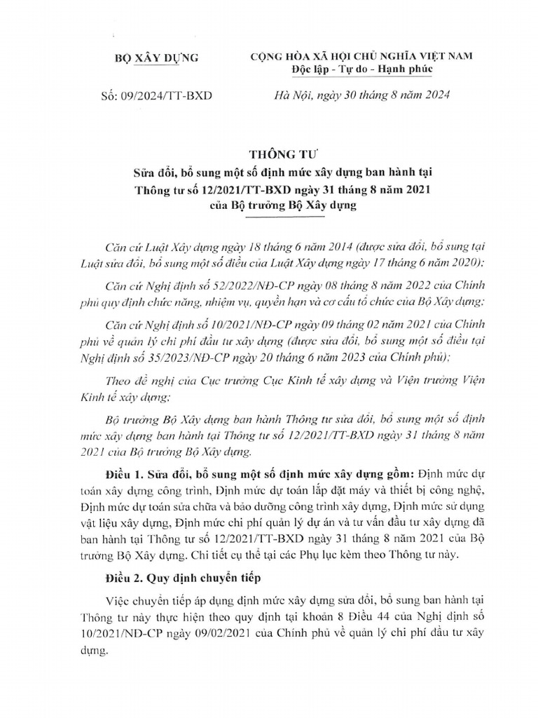 2024 - Thông Tư 09 - 2024 - TT-BXD - S A Đ I, B Sung Thông Tư 12 - 2021 - TT-BXD | PDF