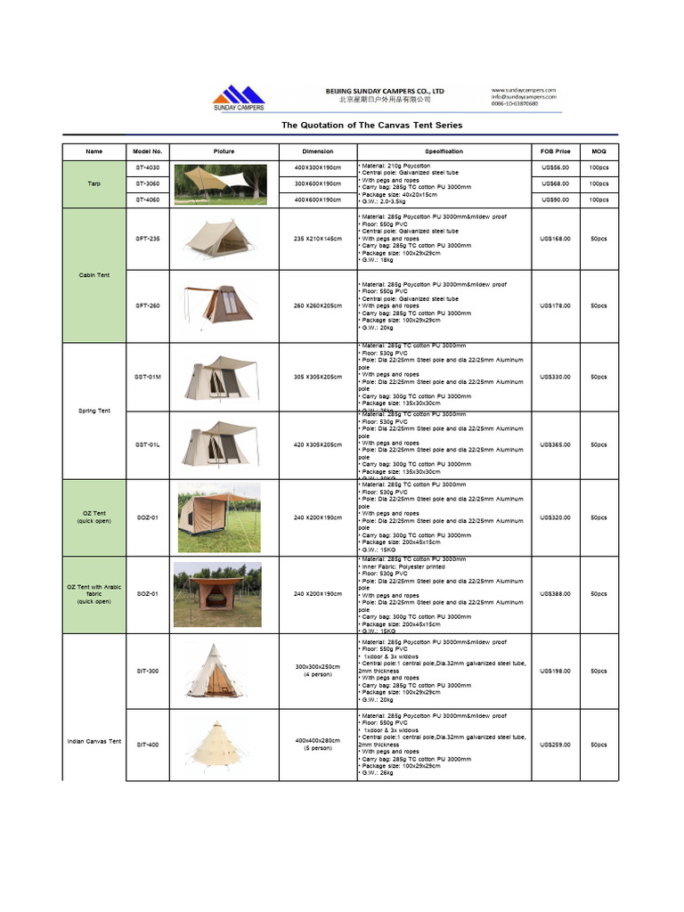 Canvas Tent Price List | PDF | Tent