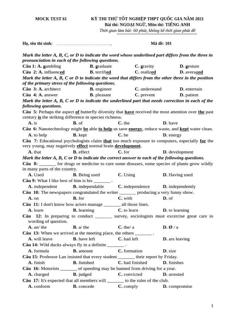 61 - 52 MOI Mã đề 101 .doc KEY | PDF | Extinction | Cloning