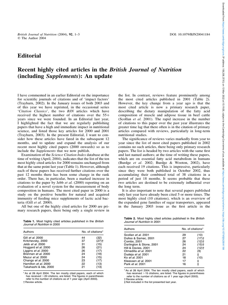 Highly Cited Articles in Nutrition Research | PDF | Adipose Tissue ...