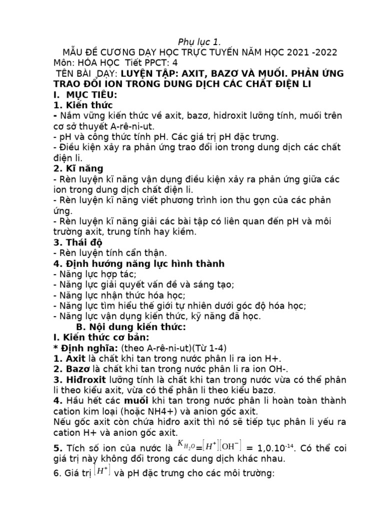 De Cuong Bai Luyen Tap Axit, Bazo Va Muoi. Phan Ung Trao Doi Ion Trong DD Cac Chat Dien Li | PDF