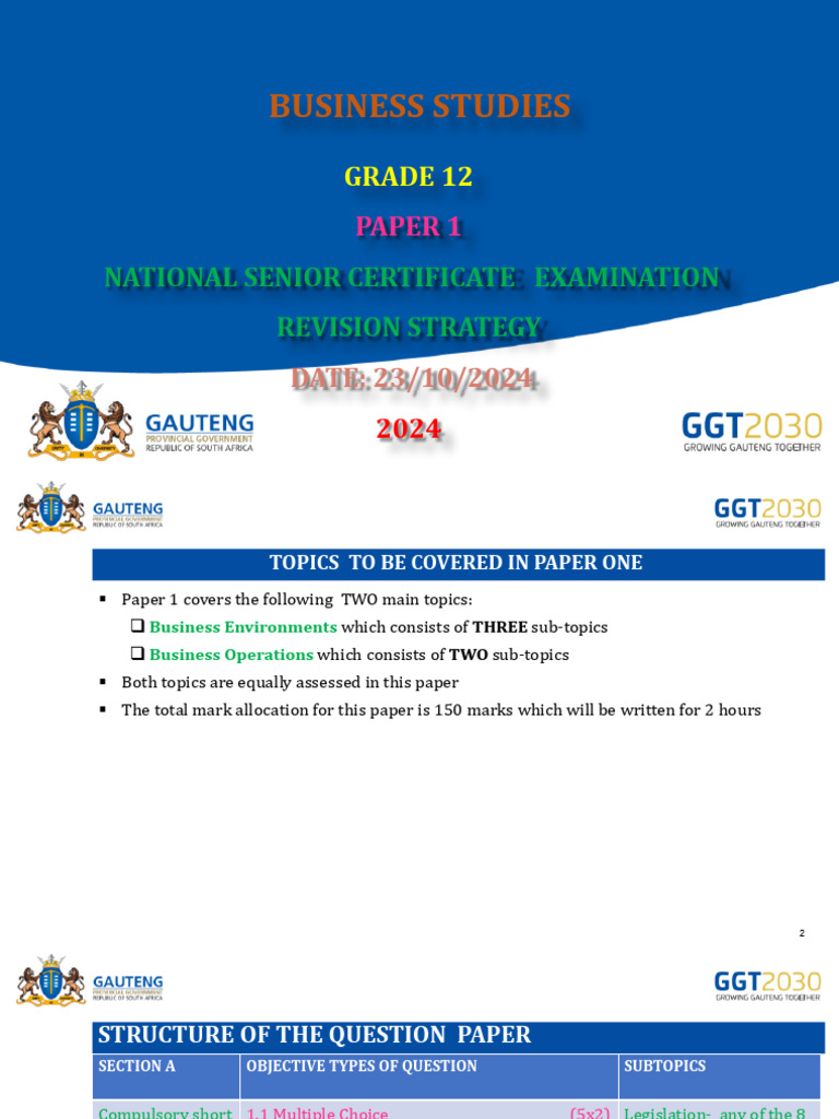 Paper 1 Business Studies Grade 12 Final Push Strategy 2023 | PDF ...