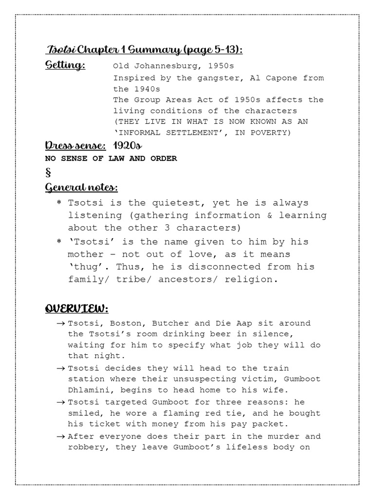 Tsotsi GR 11 Chapter Summaries | PDF | Miriam