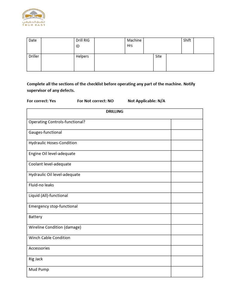 Daily Drilling Pre-Start Checklist | PDF