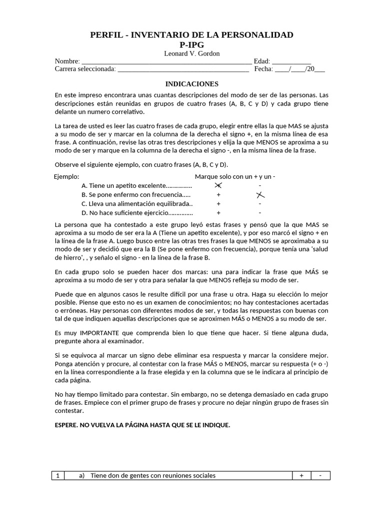 Hoja de Respuestas Test Gordon | PDF
