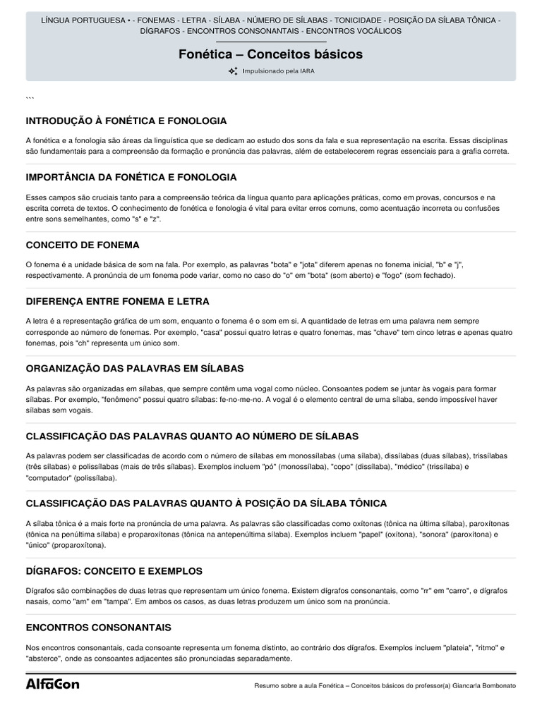 Resumo Fonetica Conceitos Basicos | PDF | Sílaba | Fonema