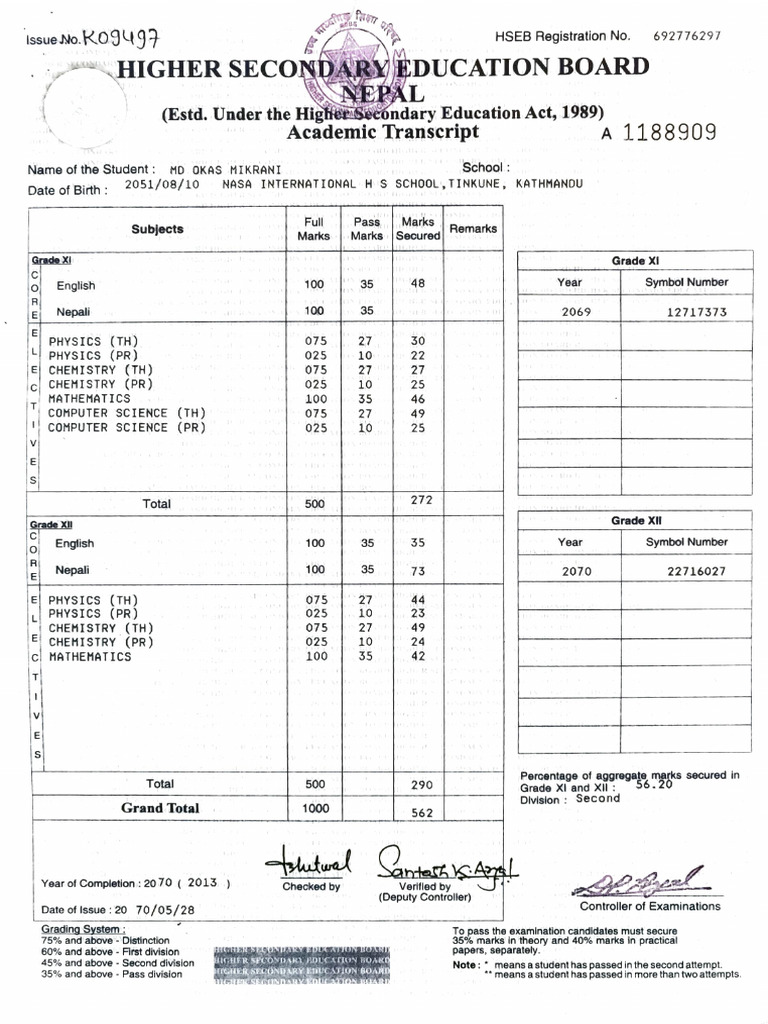 12th Marksheet | PDF | Science