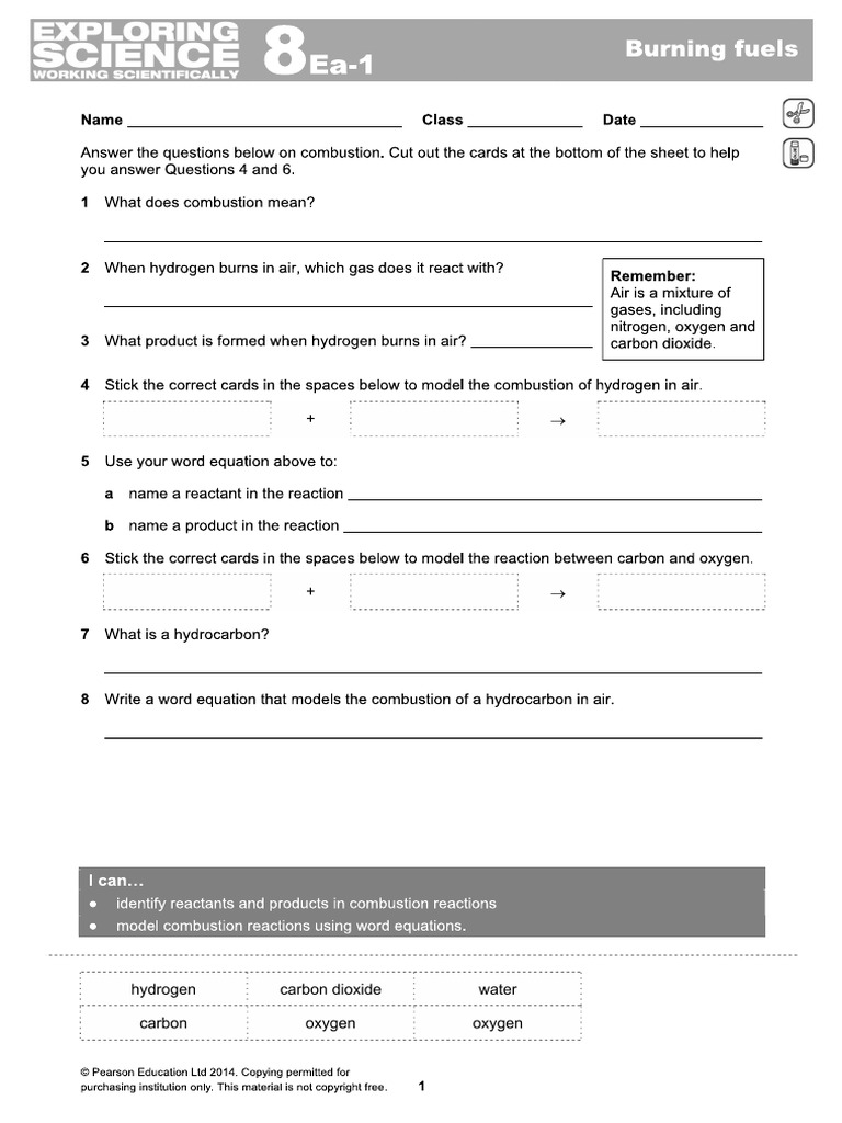 Topic 8E (Combustion) Worksheets | PDF