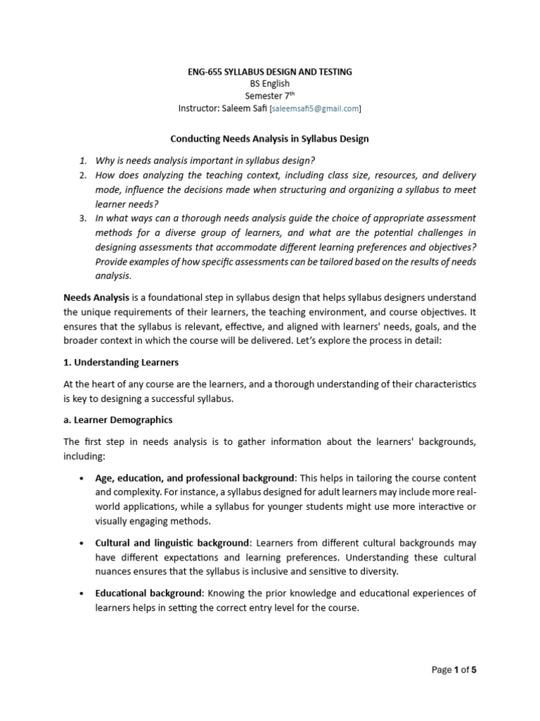 Conducting Needs Analysis in Syllabus Design | PDF | Learning | Educational Assessment