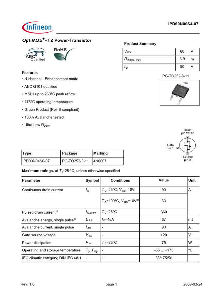 Infineon_IPD90N06S4_07_DS_v01_00_en-1227105 | PDF | Diode | Field Effect Transistor