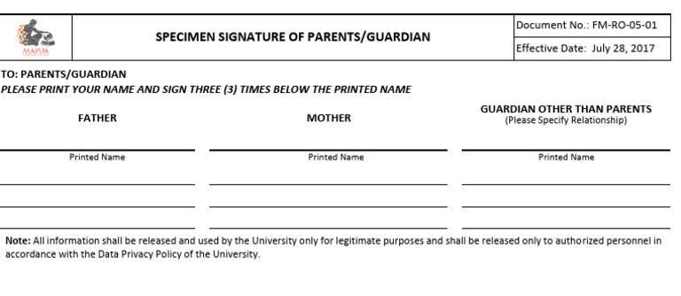 Fm-Ro-05-01 - Specimen Signature of Parents Guardian | PDF | Social ...
