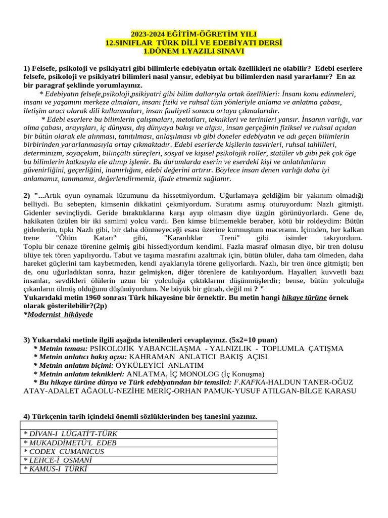 2023 2024 12. Sinif Turk Dili Ve Edebiyati Dersi 1. Donem 1. Yazili | PDF