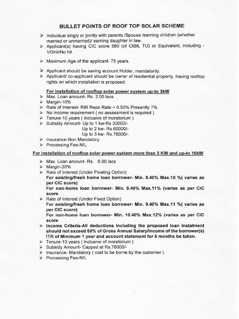 Bullet Points of Roof Top Solar Scheme | PDF