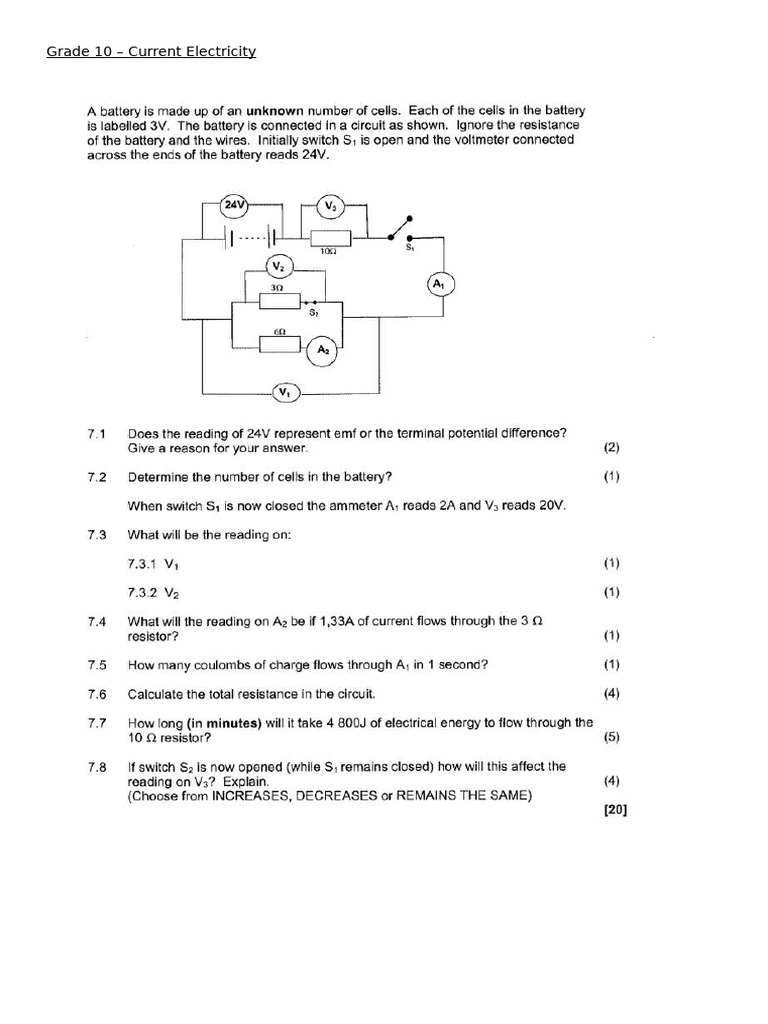 Ade 10 Current Electricity Worksheet | PDF