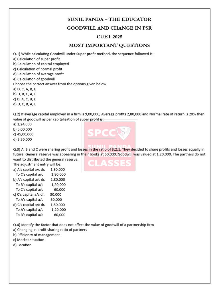 Goodwill and Change in PSR MCQ CUET Question-2_241013_185935 | PDF | Goodwill (Accounting ...