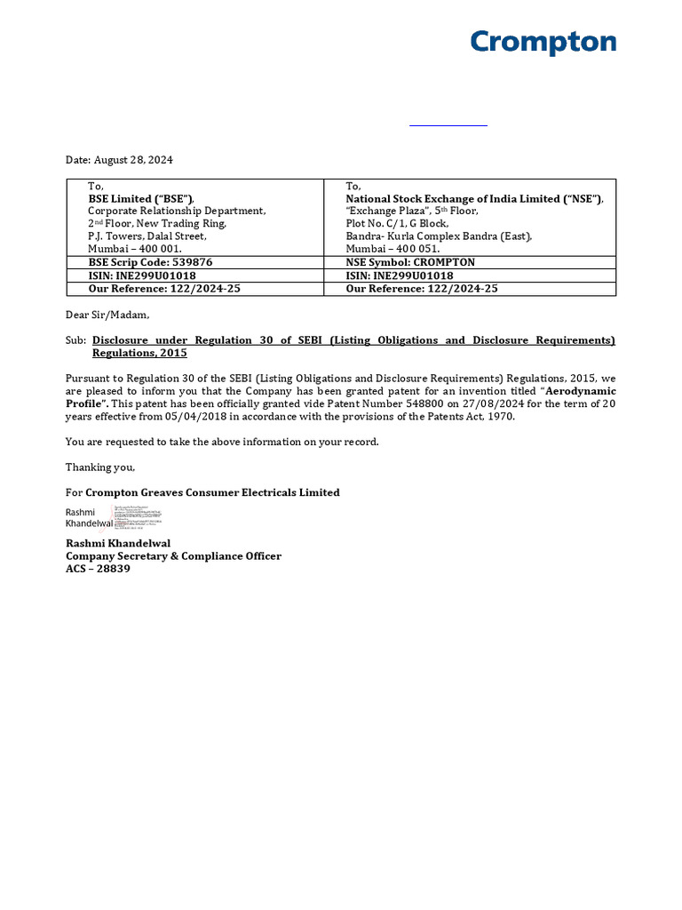 CROMPTON 28082024130621 Intimationforgrantofpatent | PDF | Equity ...
