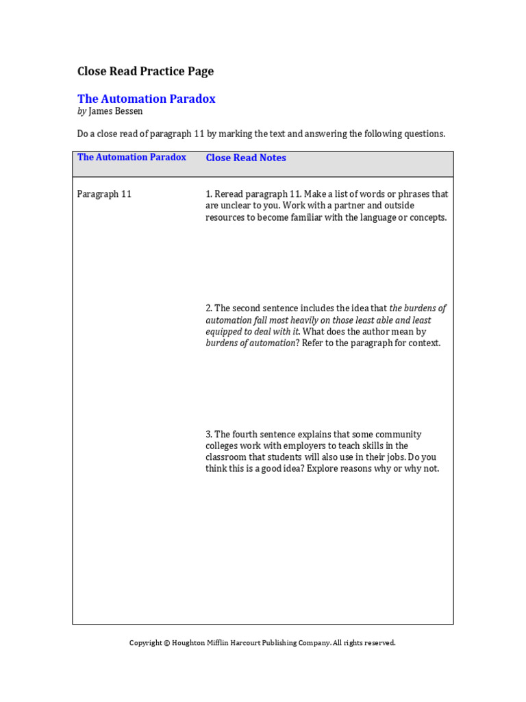 Close Read Practice Page - 8th Grade | PDF | Automation | Employment