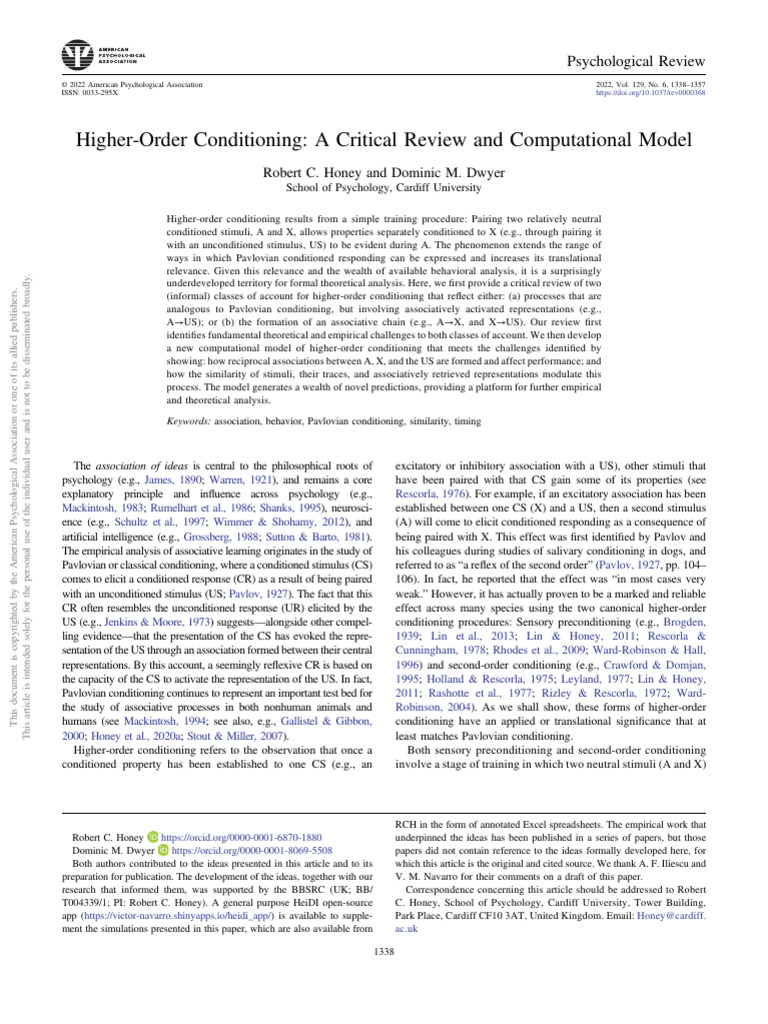 Higher-Order Conditioning A Critical Review and Computational Model ...