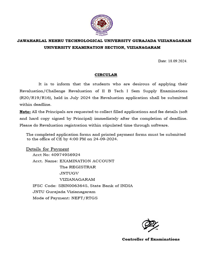Revaluation Circular of II B.Tech I Sem Supply Exams, July 2024 | PDF