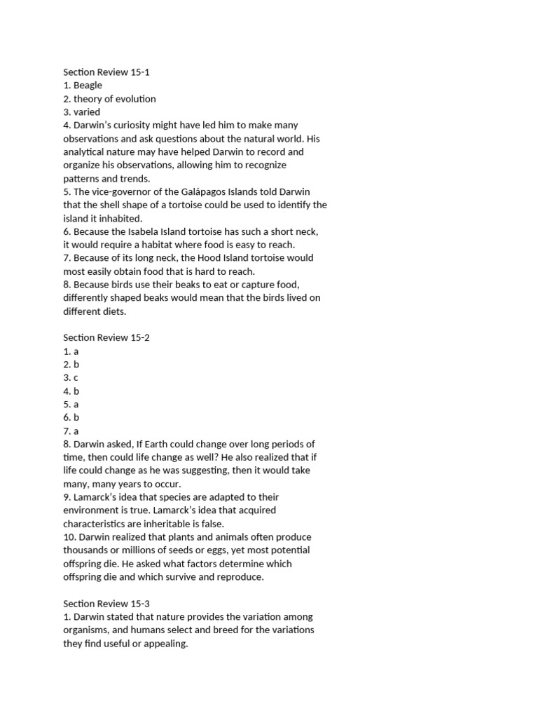 Section Review 15 Answers | PDF | Evolution | Charles Darwin