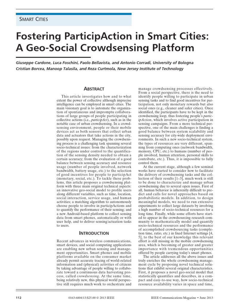 Fostering Participaction in Smart Cities A Geo-Social Crowdsensing Platform | PDF ...
