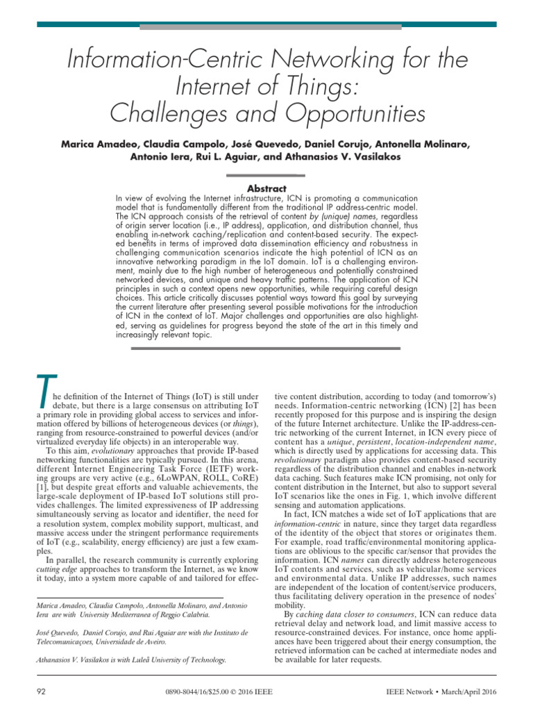 Information Centric Networking For The Internet Of Things Challenges And Opportunities Pdf